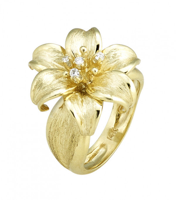 Raymond Mazza 14K Green Gold Florentine Textured Lily Ring with Diamon ...